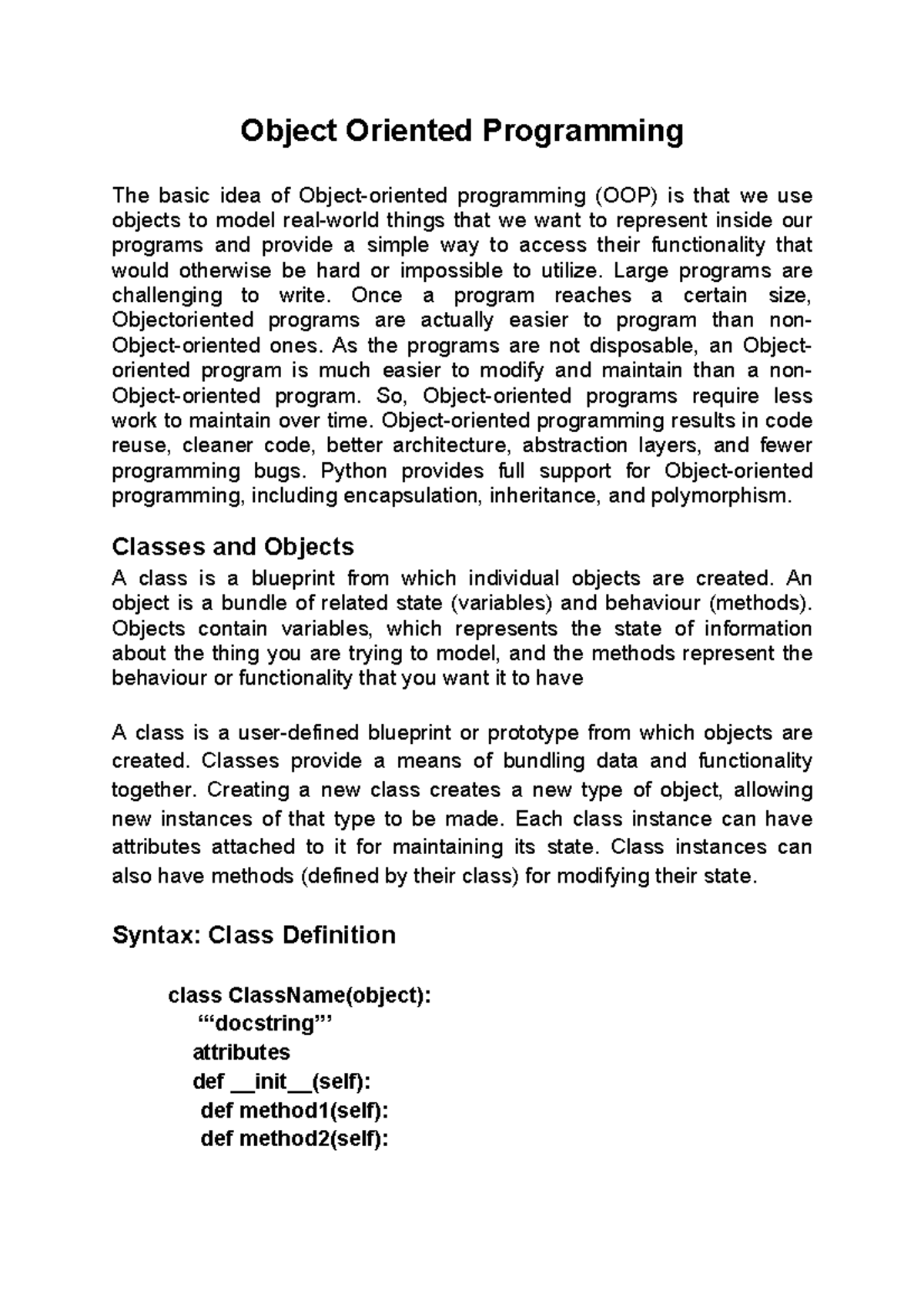 OOP Concepts: Classes, Objects, and Methods in Python (CS101) - Studocu