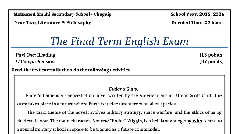 Sci-Fi 2026 Final Exam: Reading Comprehension on "Game" - Studocu
