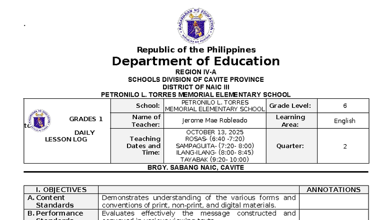 Eng6 q2w7d1 - lesson plan sample - . Republic of the Philippines ...