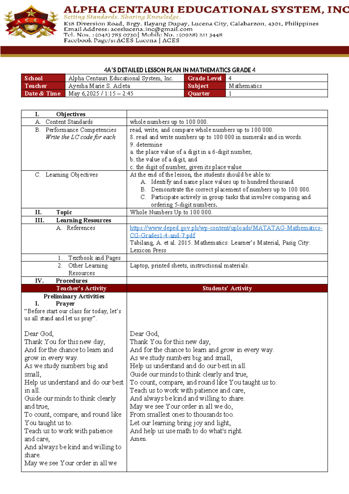 Grade 4 Mathematics Detailed Lesson Plan: Whole Numbers Up to 100 - Studocu