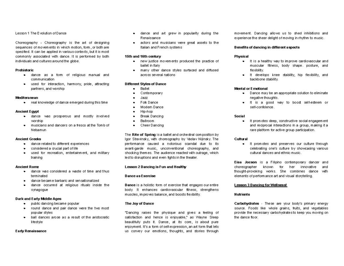 Lesson 1: The Evolution of Dance and Its Cultural Significance - Studocu