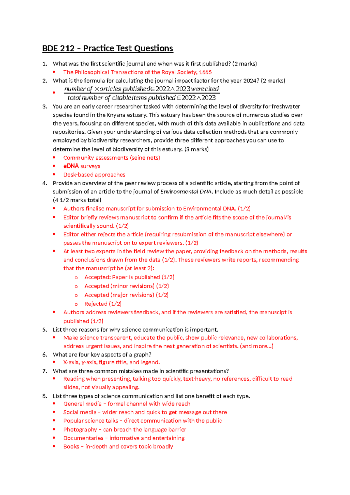 BDE 212 - Comprehensive Practice Test Questions for Biodiversity ...