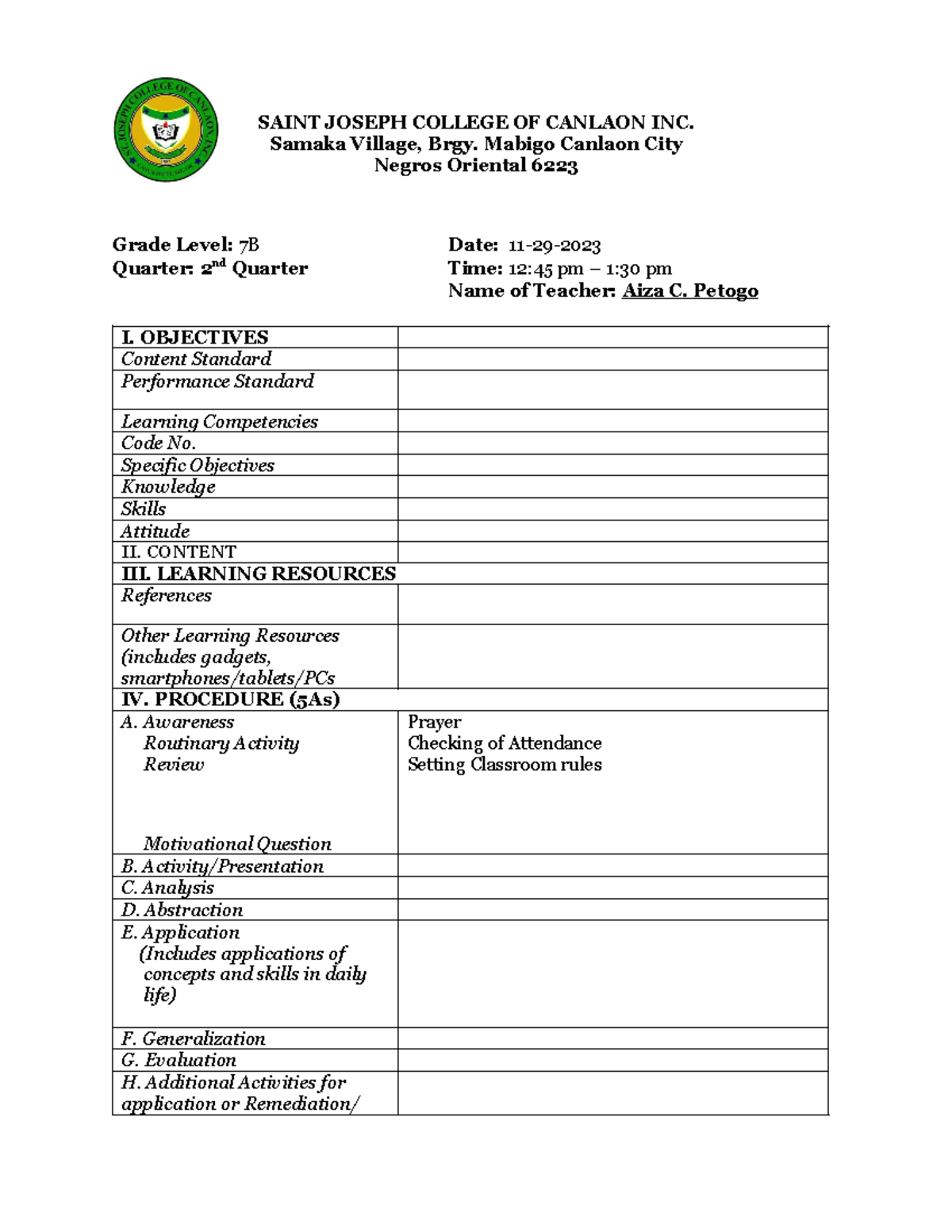 Lesson Plan Template for Grade 7B - 2nd Quarter - Studocu