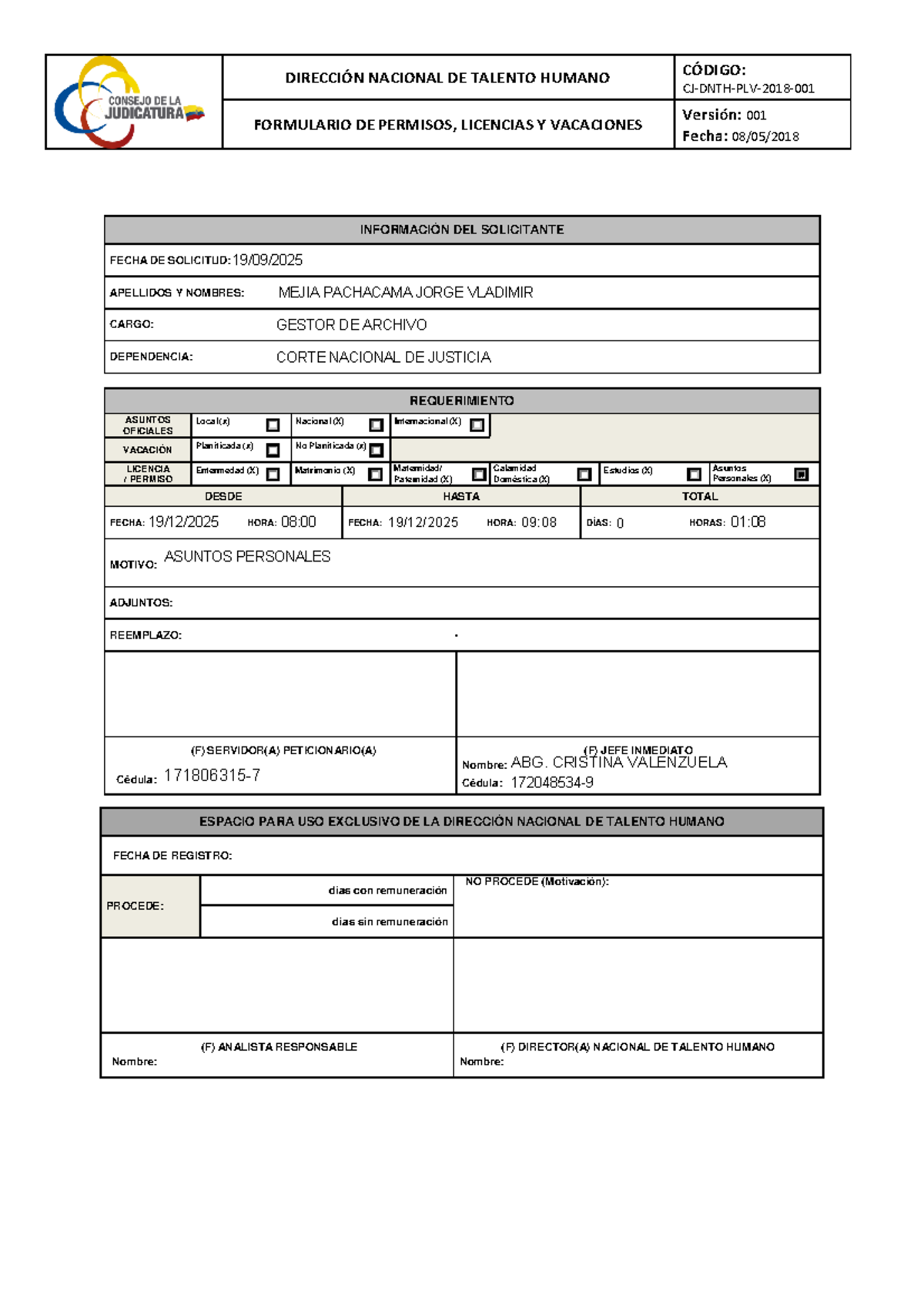 Formulario de Permisos, Licencias y Vacaciones - Versión 001 - Studocu