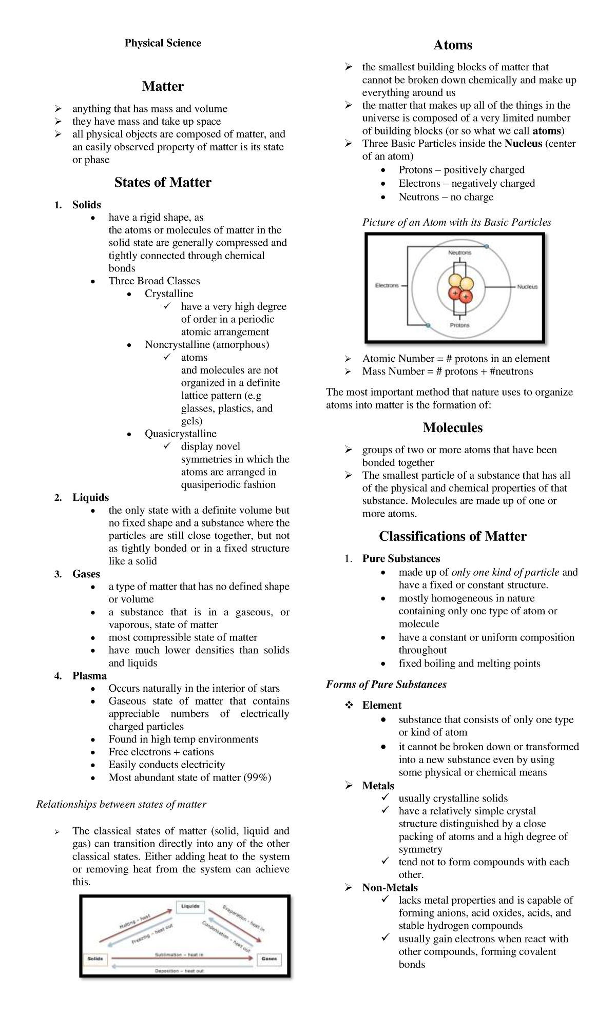 Physical-Science-Notes - Physical Science Matter anything that has mass ...