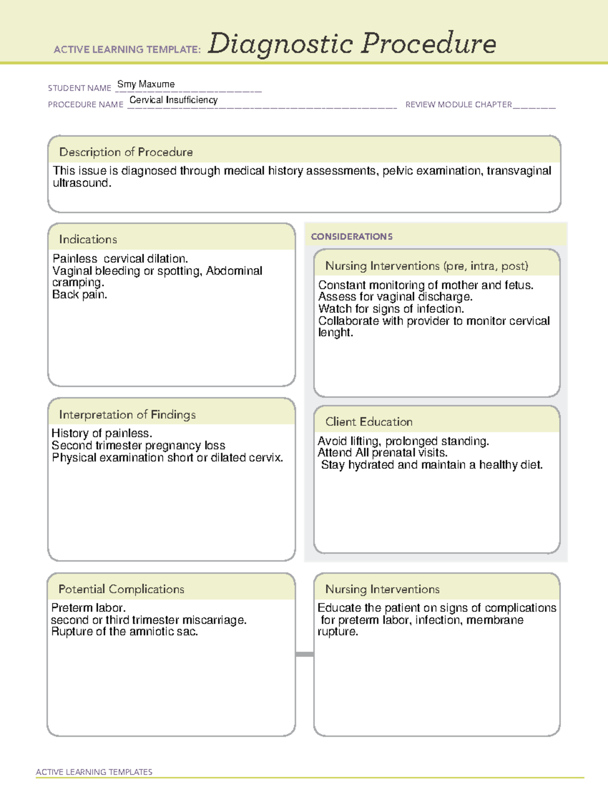 ACTIVE LEARNING TEMPLATE: Diagnostic Procedure for Cervical Insufficiency - Studocu