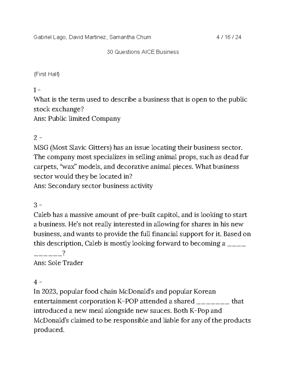 AICE Business 1: Key Questions and Answers for Exam Prep - Studocu