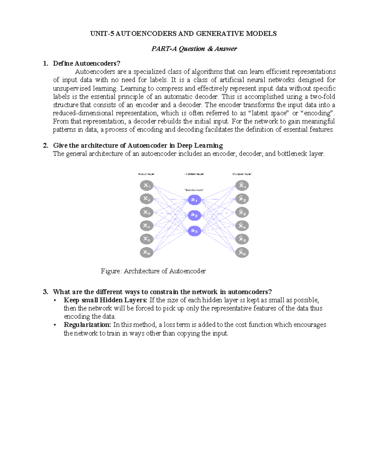 AUTOENCODERS AND GENERATIVE MODELS: Key Concepts and Architectures (5-UNIT) - Studocu