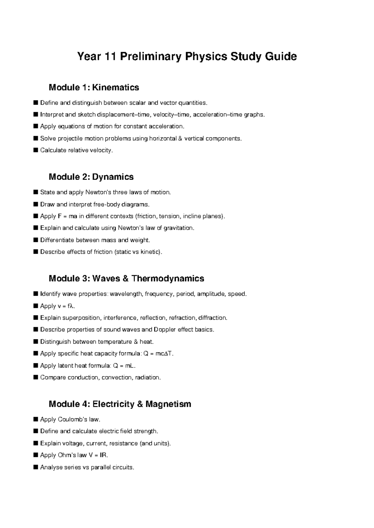 Year 11 Physics Study Guide: Kinematics to Electricity & Magnetism ...