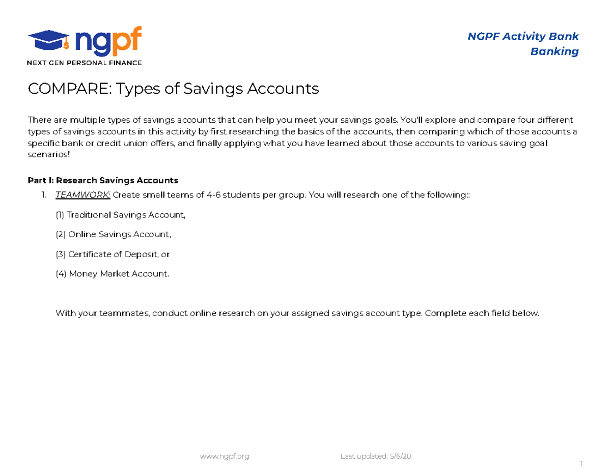 NGPF Activity Bank: Comparing Types of Savings Accounts - Studocu