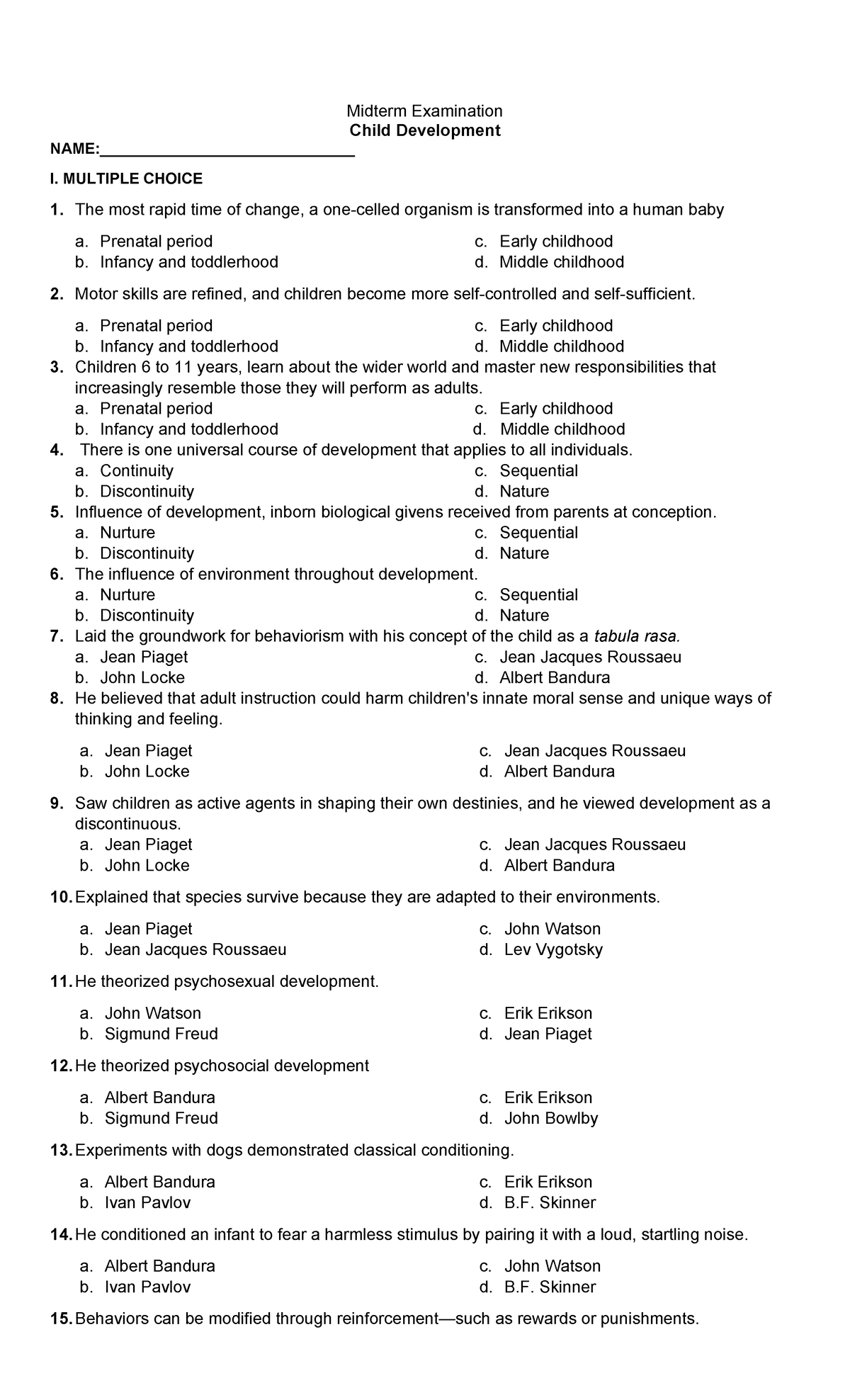 Midterm Exam Study Guide for Child Development I (CD) - Studocu