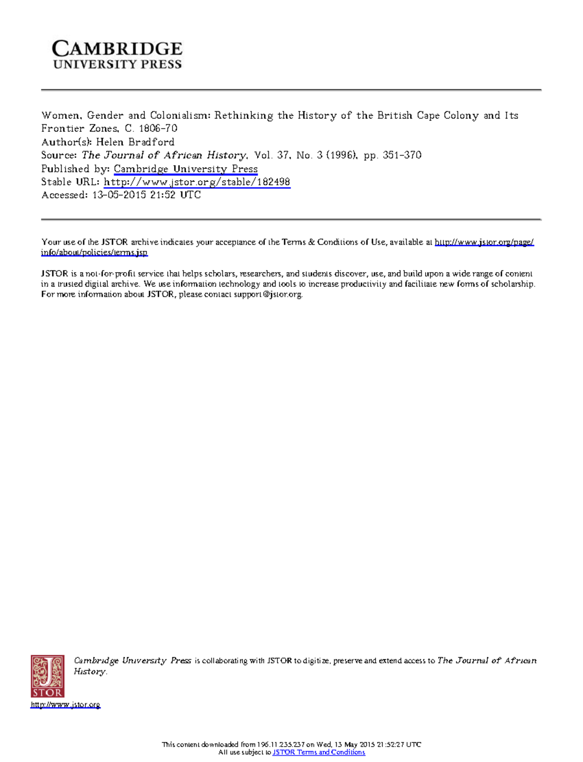 Women, Gender, and Colonialism: Insights from the British Cape Colony ...