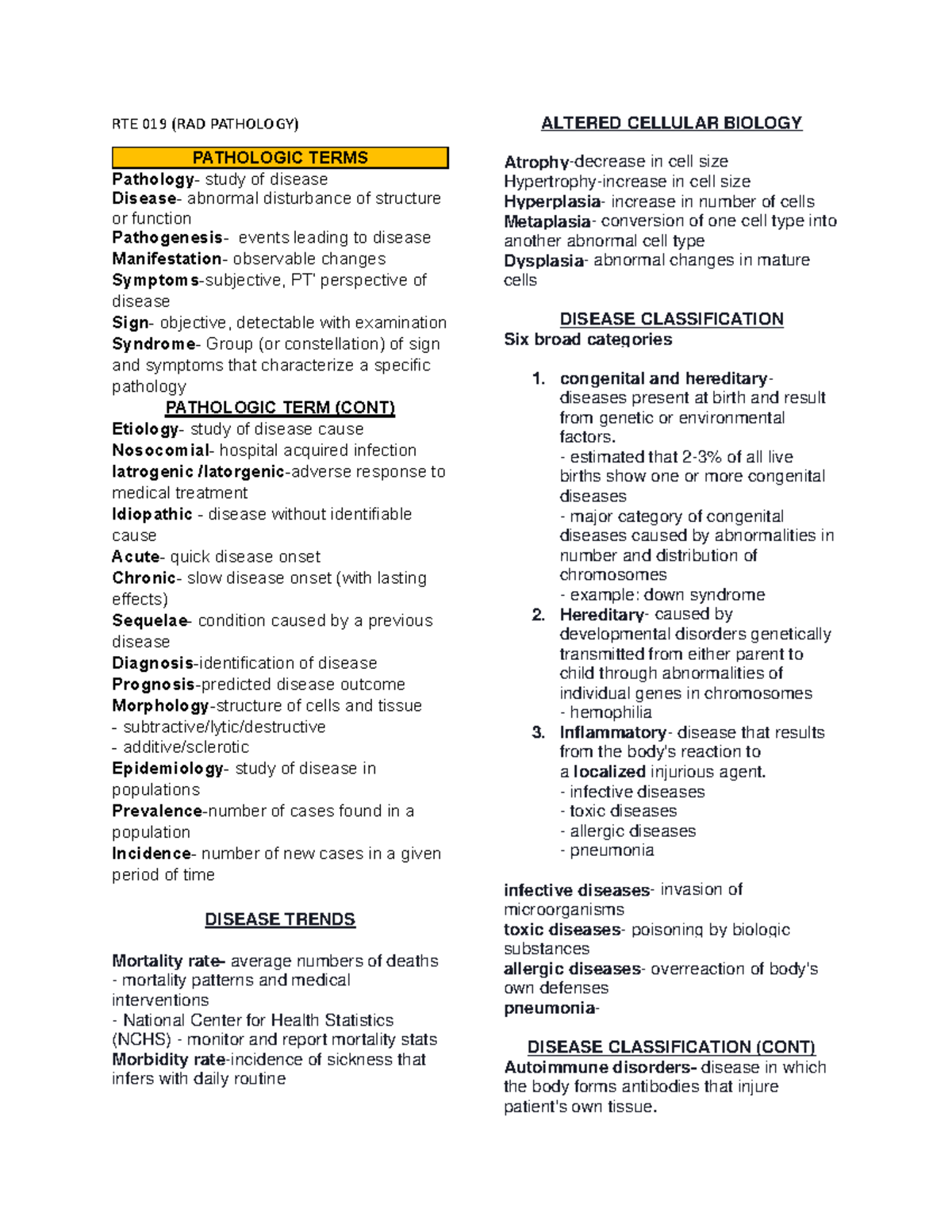 RTE 019 (RAD Pathology) - Comprehensive Study of Pathological Terms and ...
