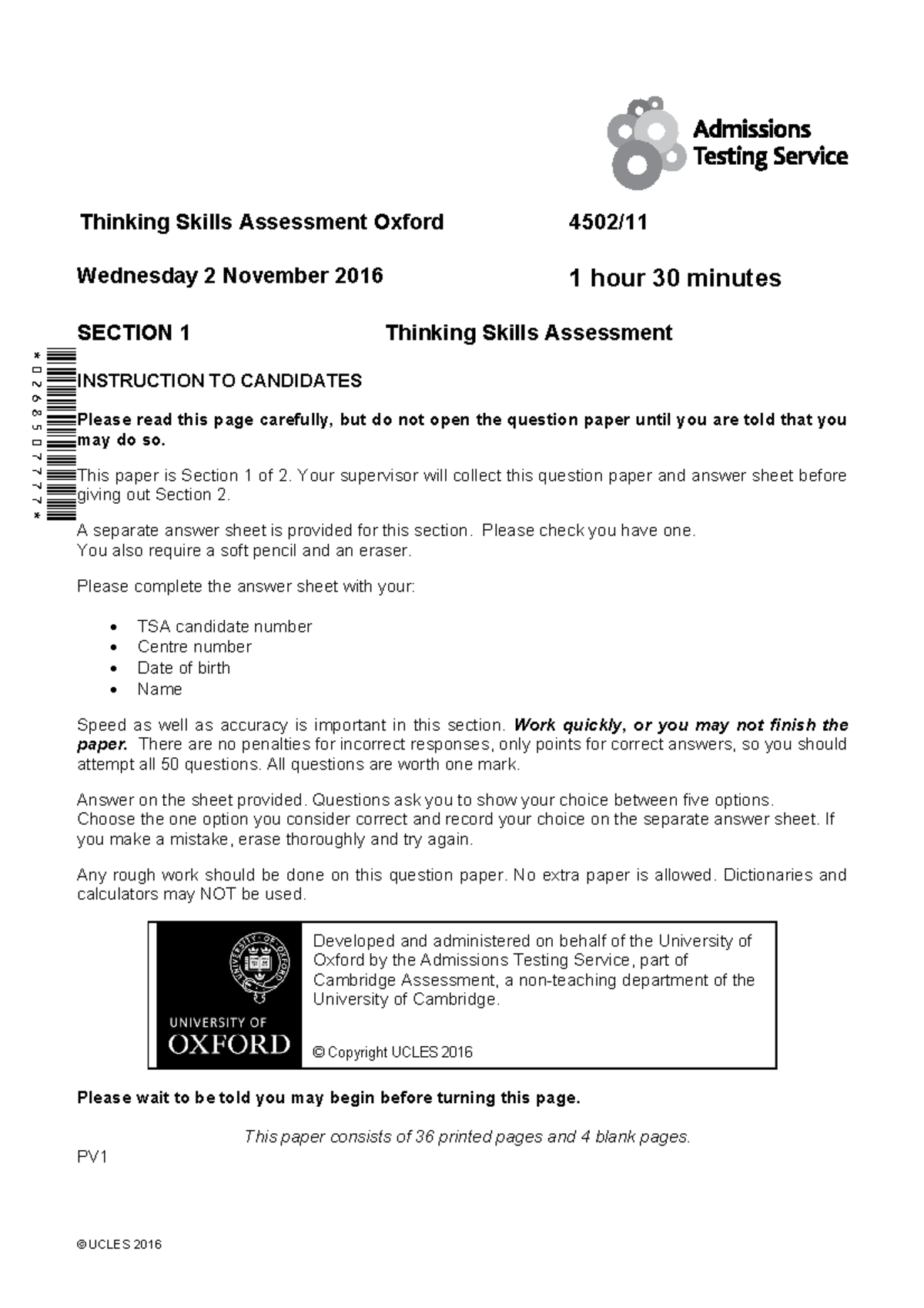 Thinking Skills Assessment: TSA Oxford 4502/ Section 1 Instructions and ...