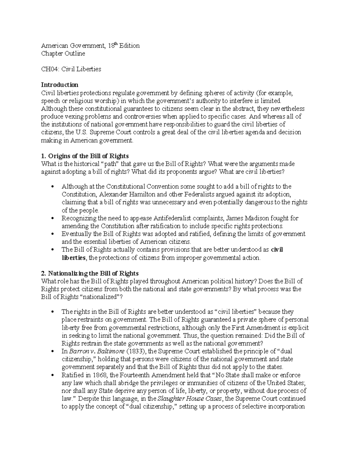 American Government (18th Ed.): Chapter 4 Civil Liberties Overview ...