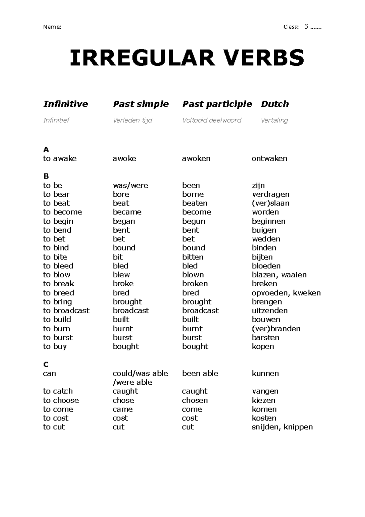 Irregular Verbs List for Class 3 - Comprehensive Guide - Studocu