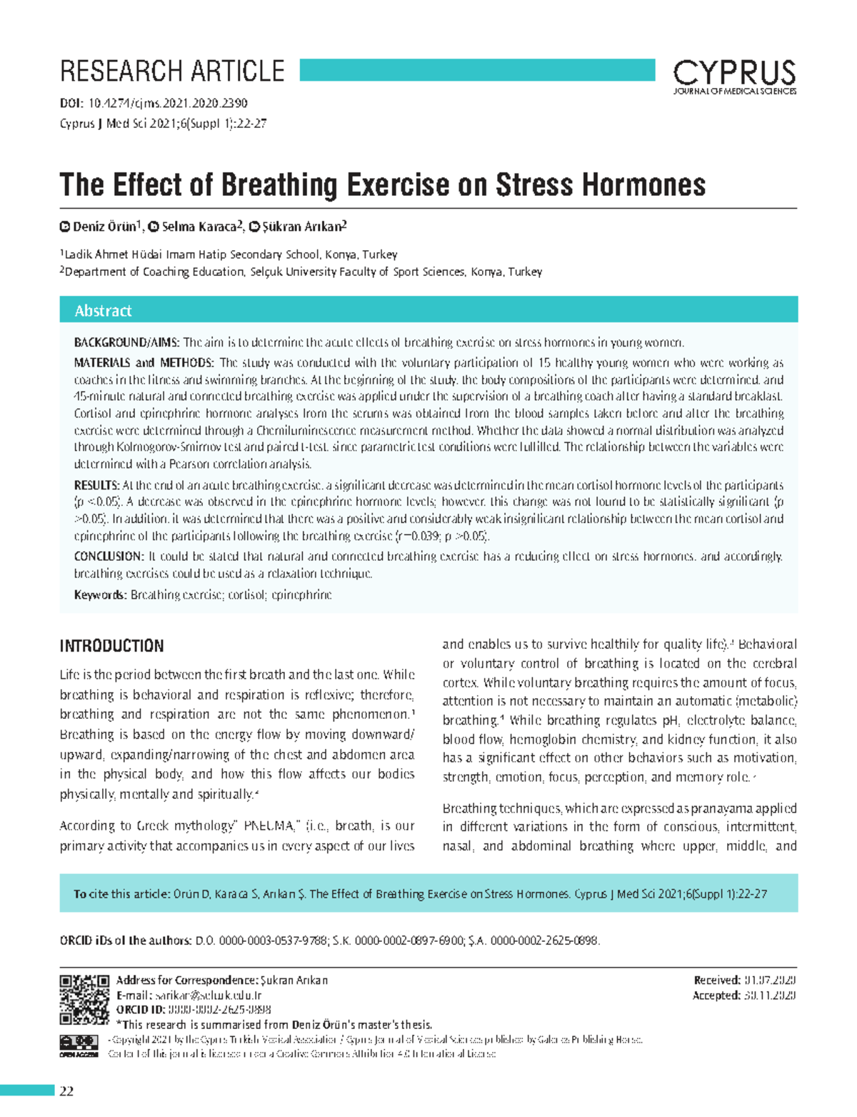 The Effect of Breathing Exercise on Stress Hormones in Young Women ...