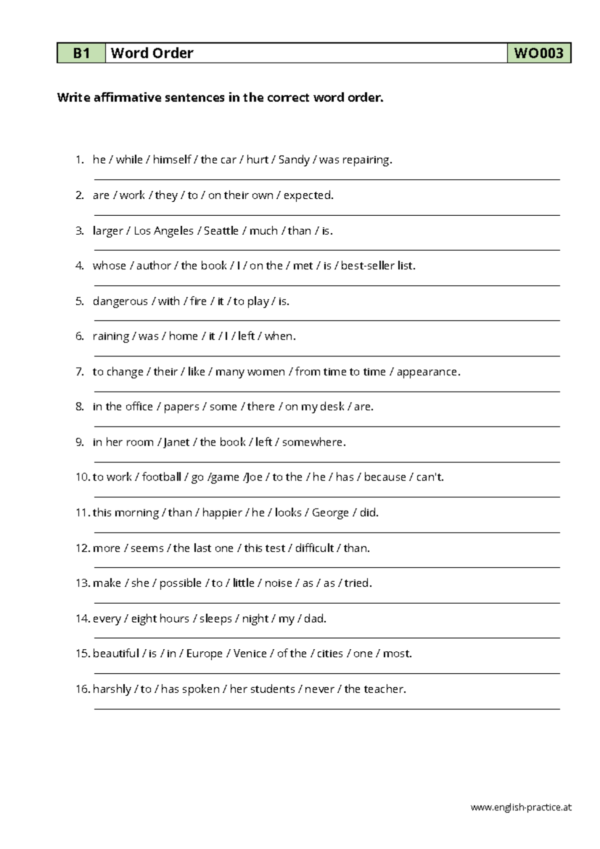 WO003 B1 Word Order Practice Exercises for English - Studocu