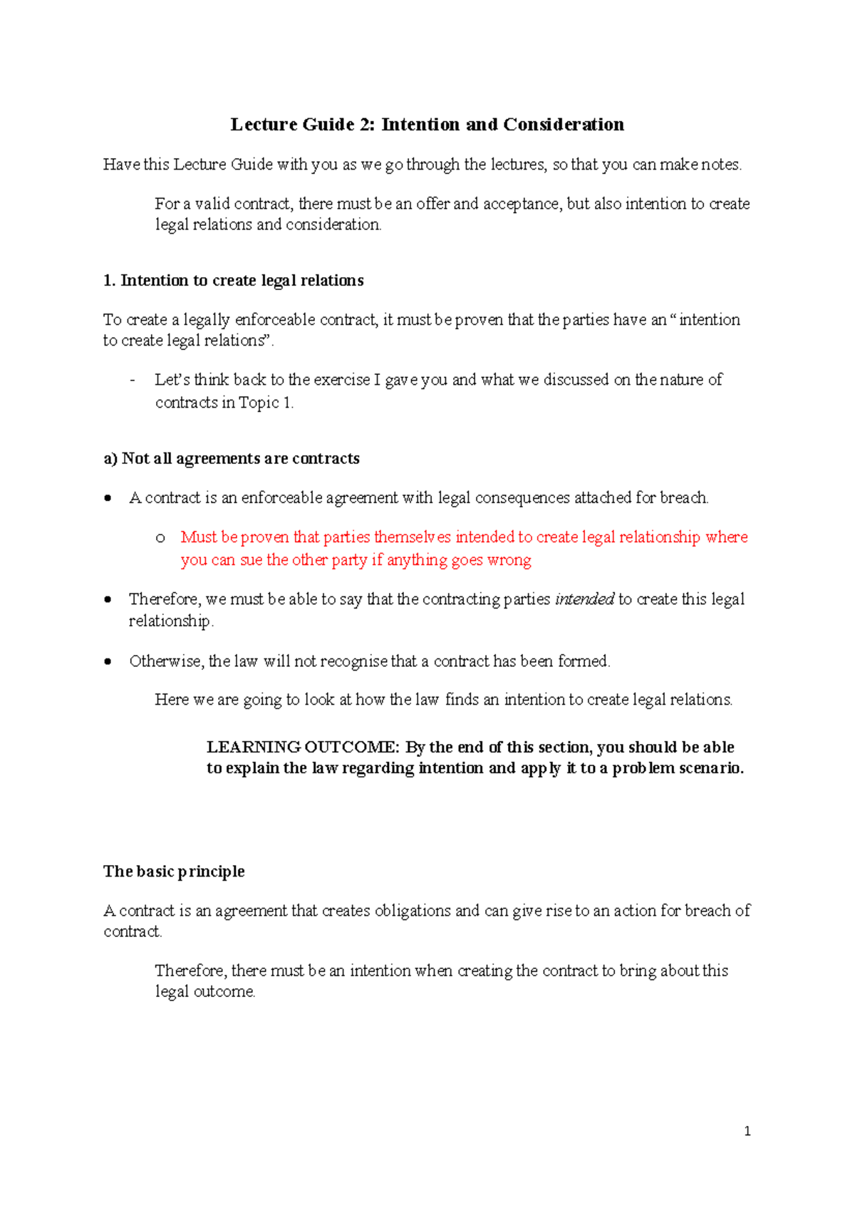 Contract Law Lecture Guide 2: Intention & Consideration Principles - Studocu