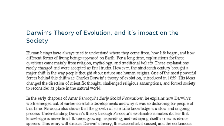 Darwin's Theory of Evolution and Its Societal Impact - Studocu