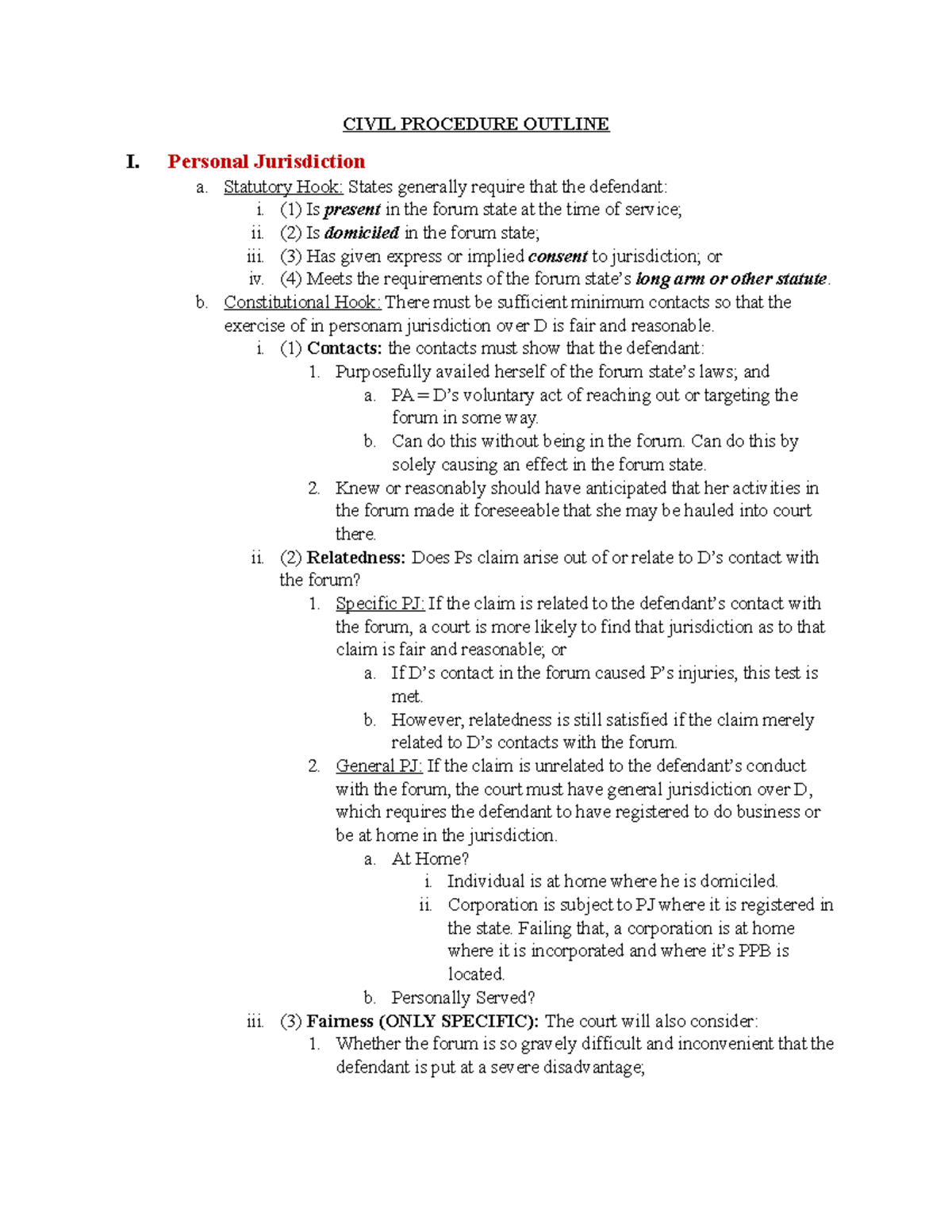 Civil Procedure (Civ Pro) Comprehensive Outline for Exam Preparation ...