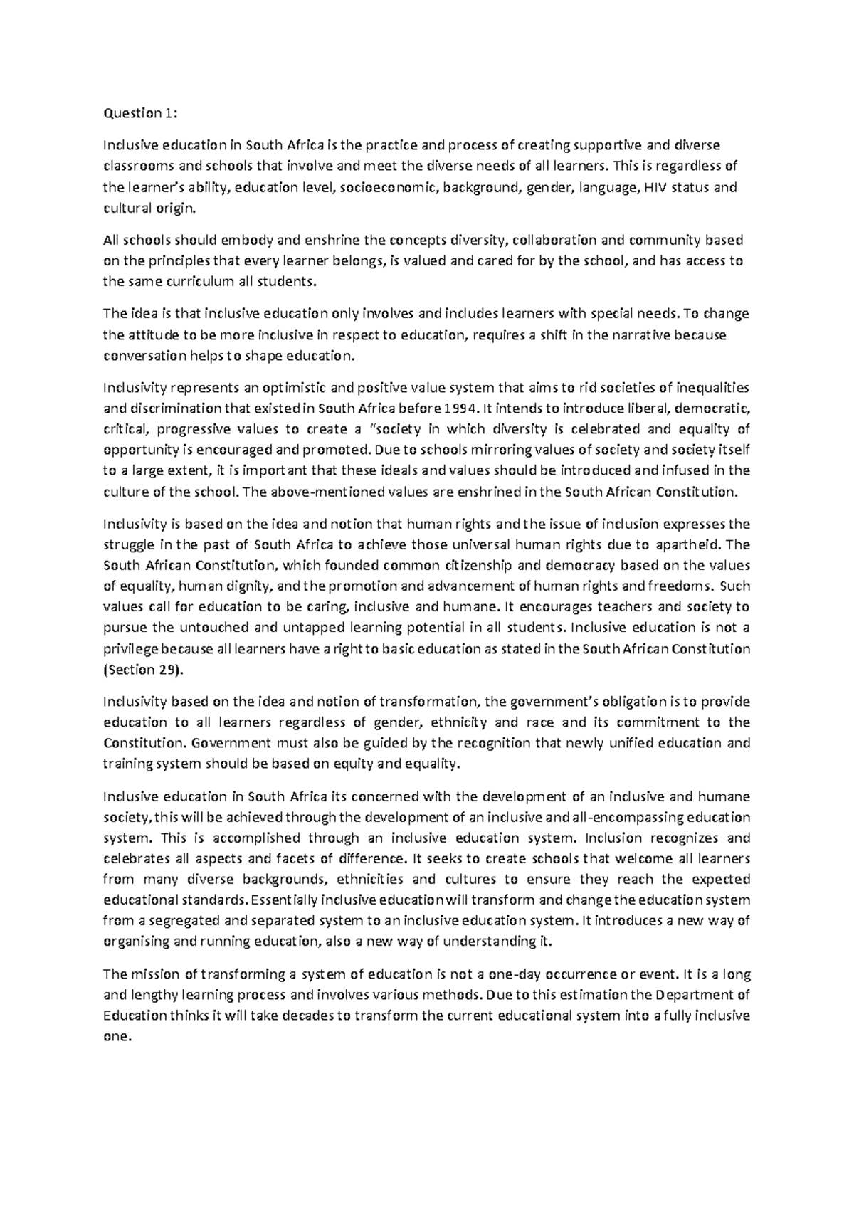 BTE Assignment 3: Exploring Inclusive Education in South Africa - Studocu