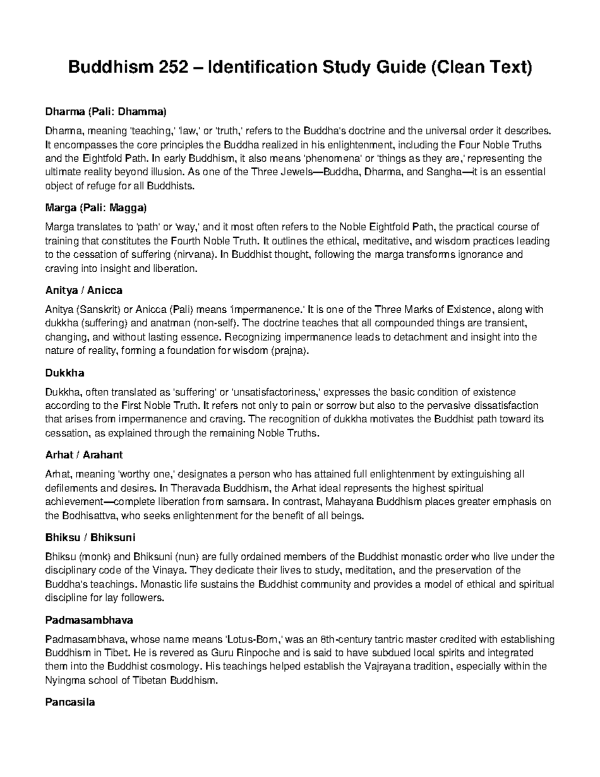 Buddhism 252 Identification Study Guide: Key Concepts and Terms - Studocu