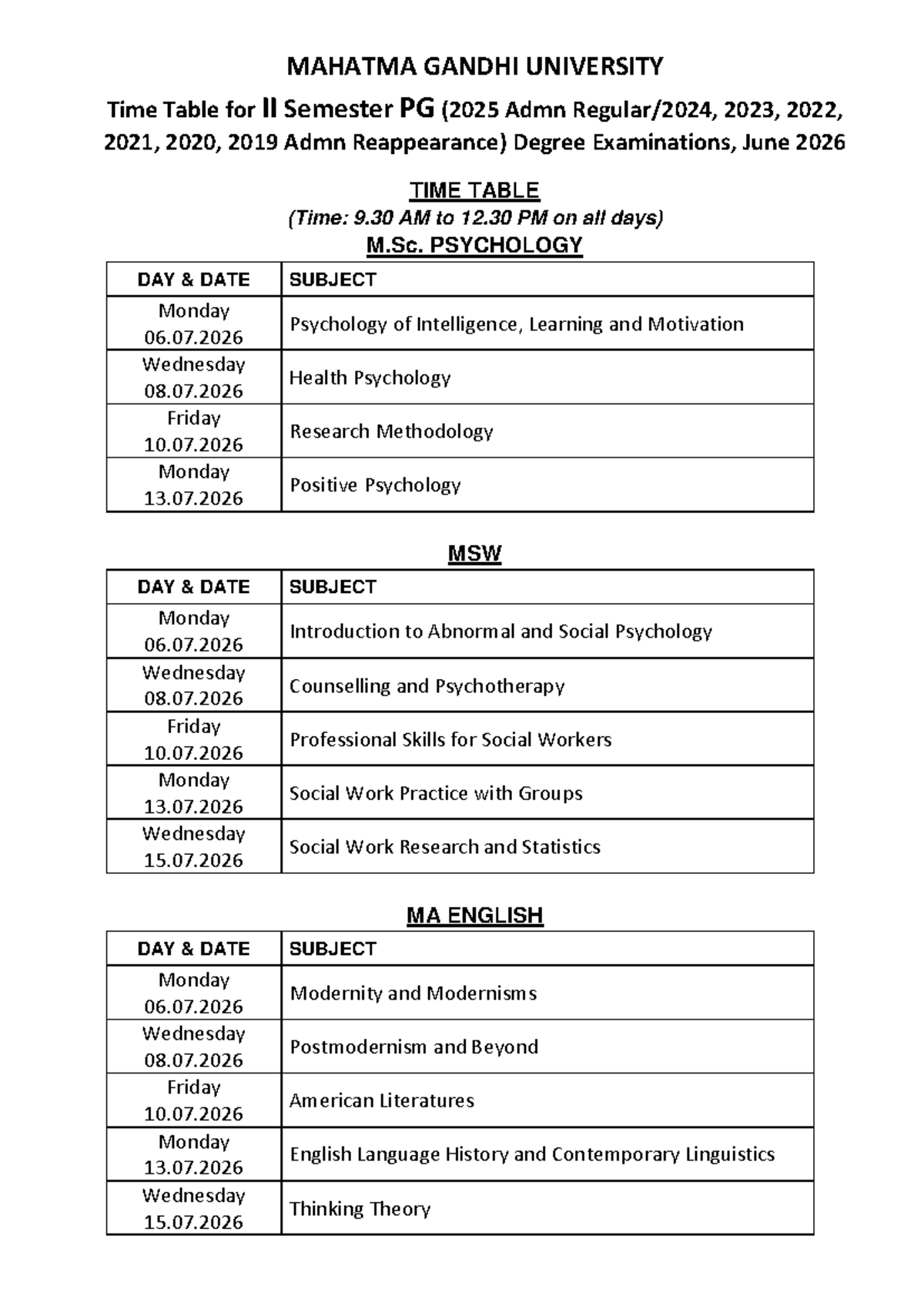 MAHATMA GANDHI UNIVERSITY II Sem PG Time Table June 2026 - Studocu