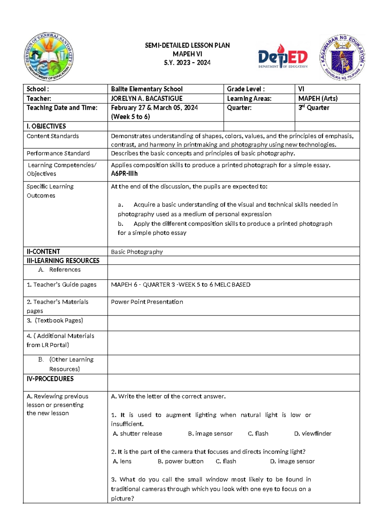 SEMI-DETAILED LESSON PLAN FOR MAPEH VI (ARTS & PHOTOGRAPHY) - ARTS 6 ...