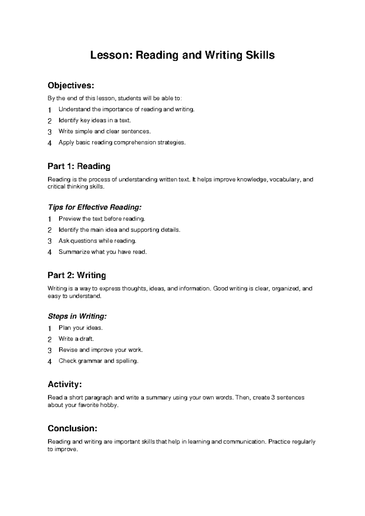 Lesson: Reading and Writing Skills Overview and Objectives - Studocu