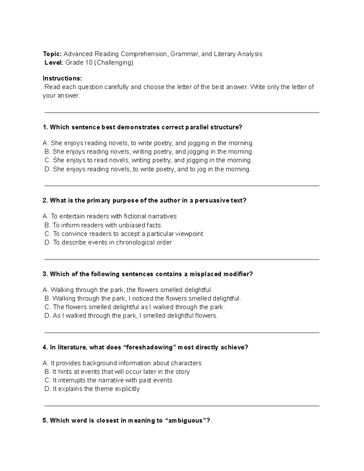 Grade 10 Advanced Reading Comprehension & Grammar Quiz - Studocu