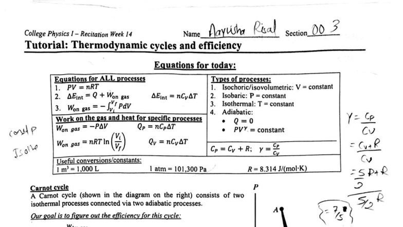 College Physics I Recitation Wk 14: Thermodynamic Cycles & Efficiency ...
