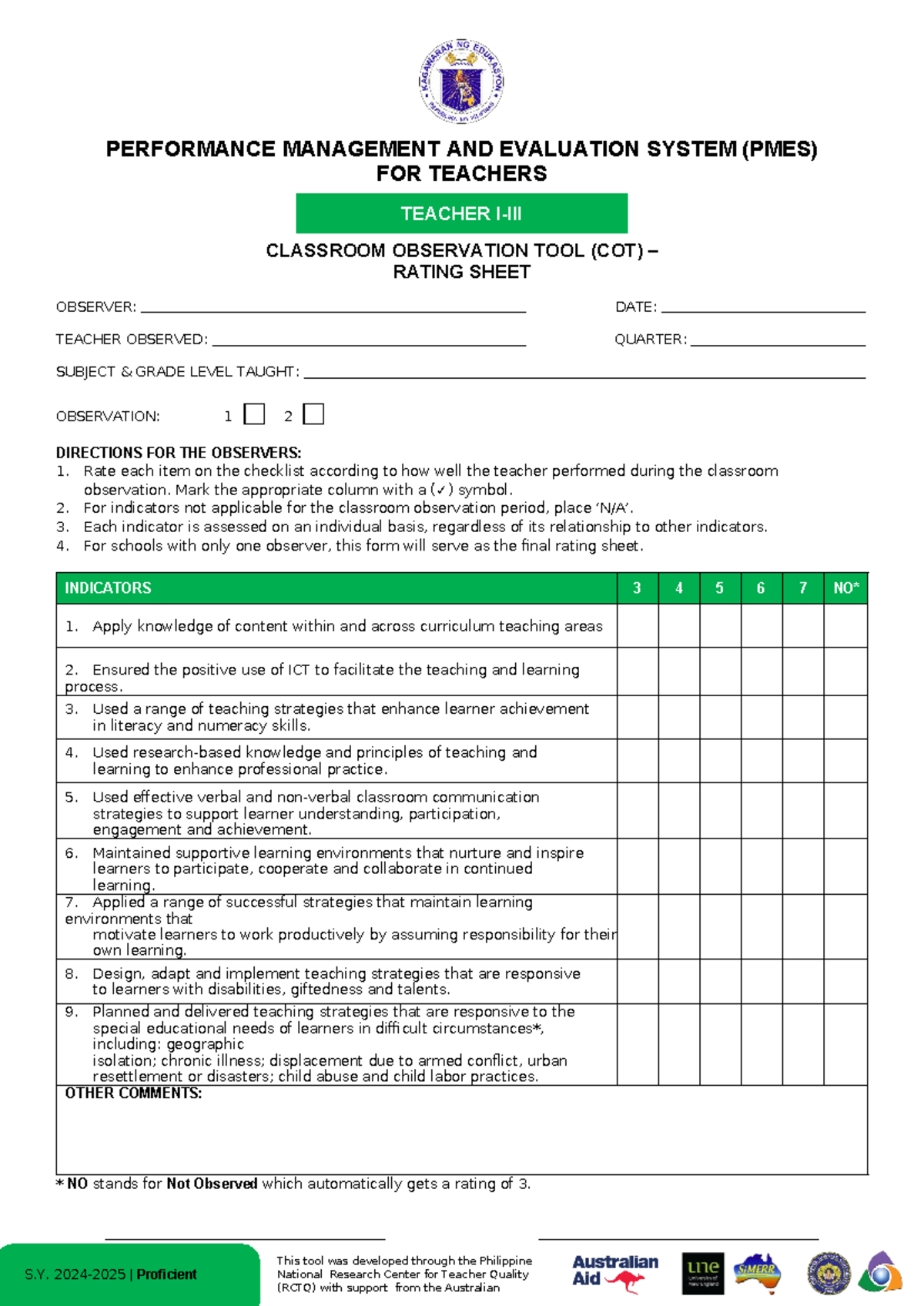 COT Rating Sheet for Proficient Teacher (SY 2024-2025) - Studocu