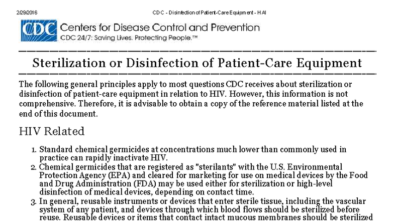 CDC Guidelines for Sterilization & Disinfection of Equipment - Studocu