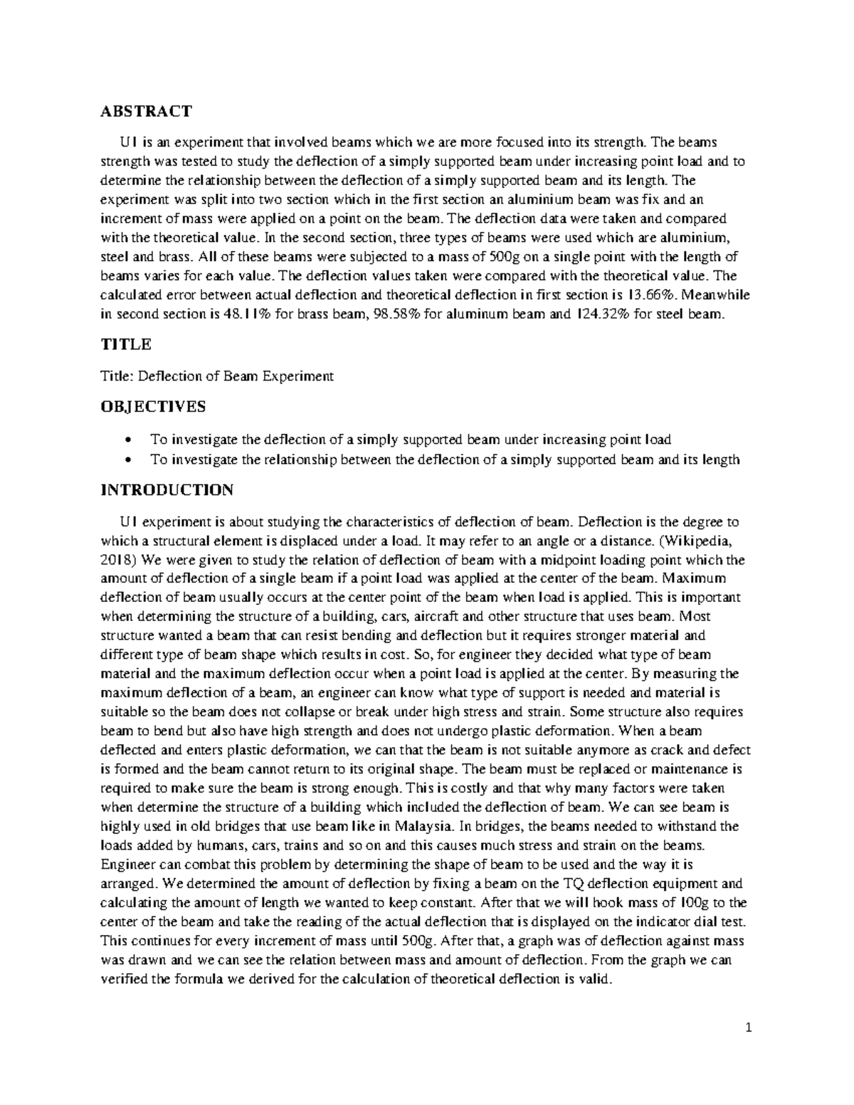 Deflection of Beams Lab Report - U1 KIG1008 Analysis and Results - Studocu