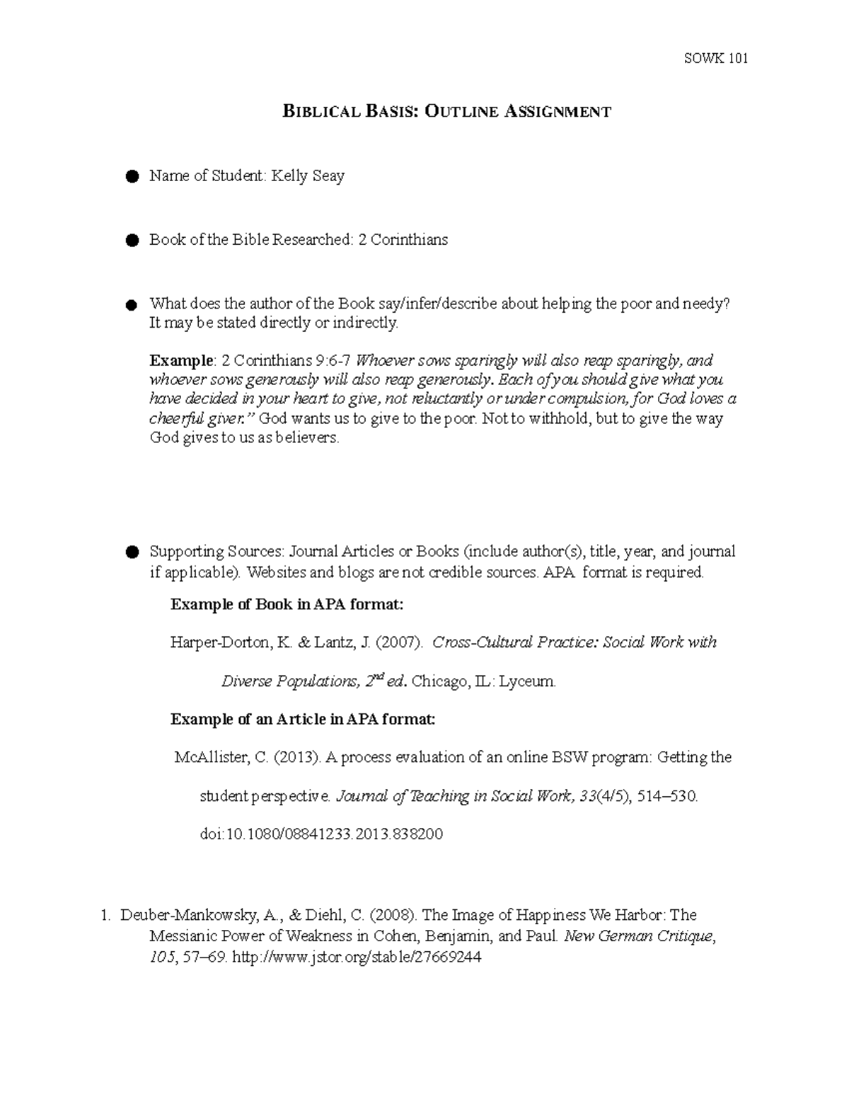 Biblical Basis Outline Assignment final Sept - SOWK 101 BIBLICALBASIS ...