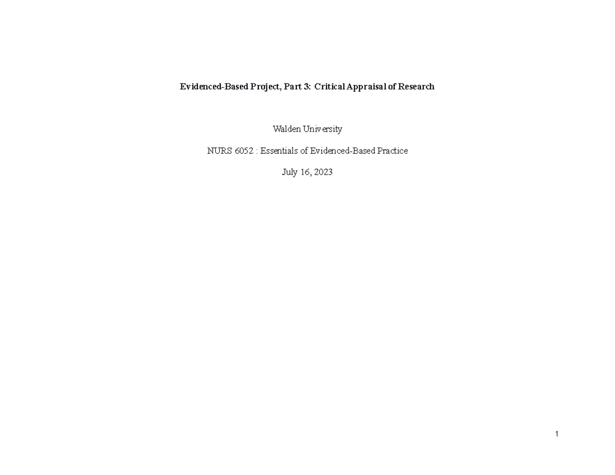 NURS 6052: Critical Appraisal Template for Evidence-Based Project - Studocu