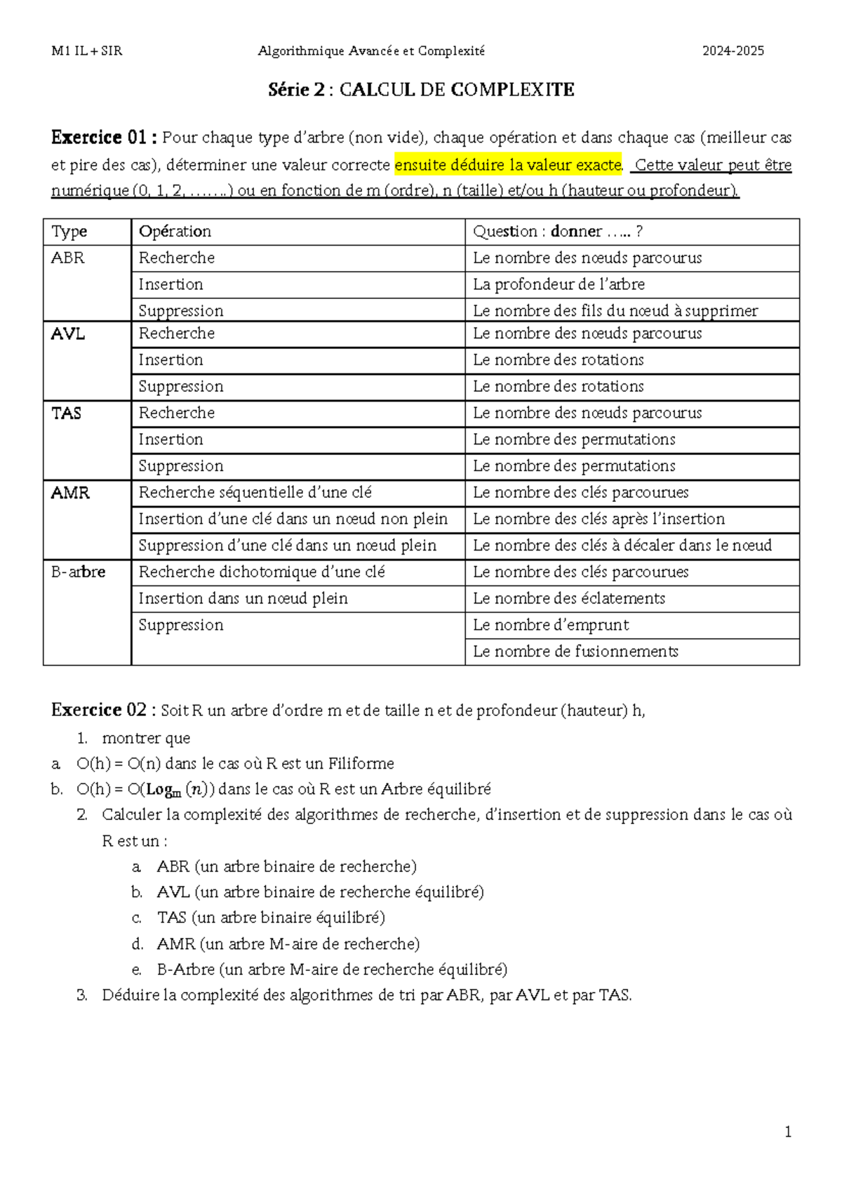 Série 2 - M1 IL + SIR Algorithmique Avancée et Complexité 2024- 1 ...