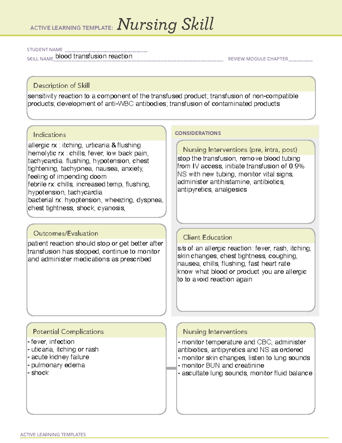 Nursing Skill blood transfusion reaction - ACTIVE LEARNING TEMPLATES ...