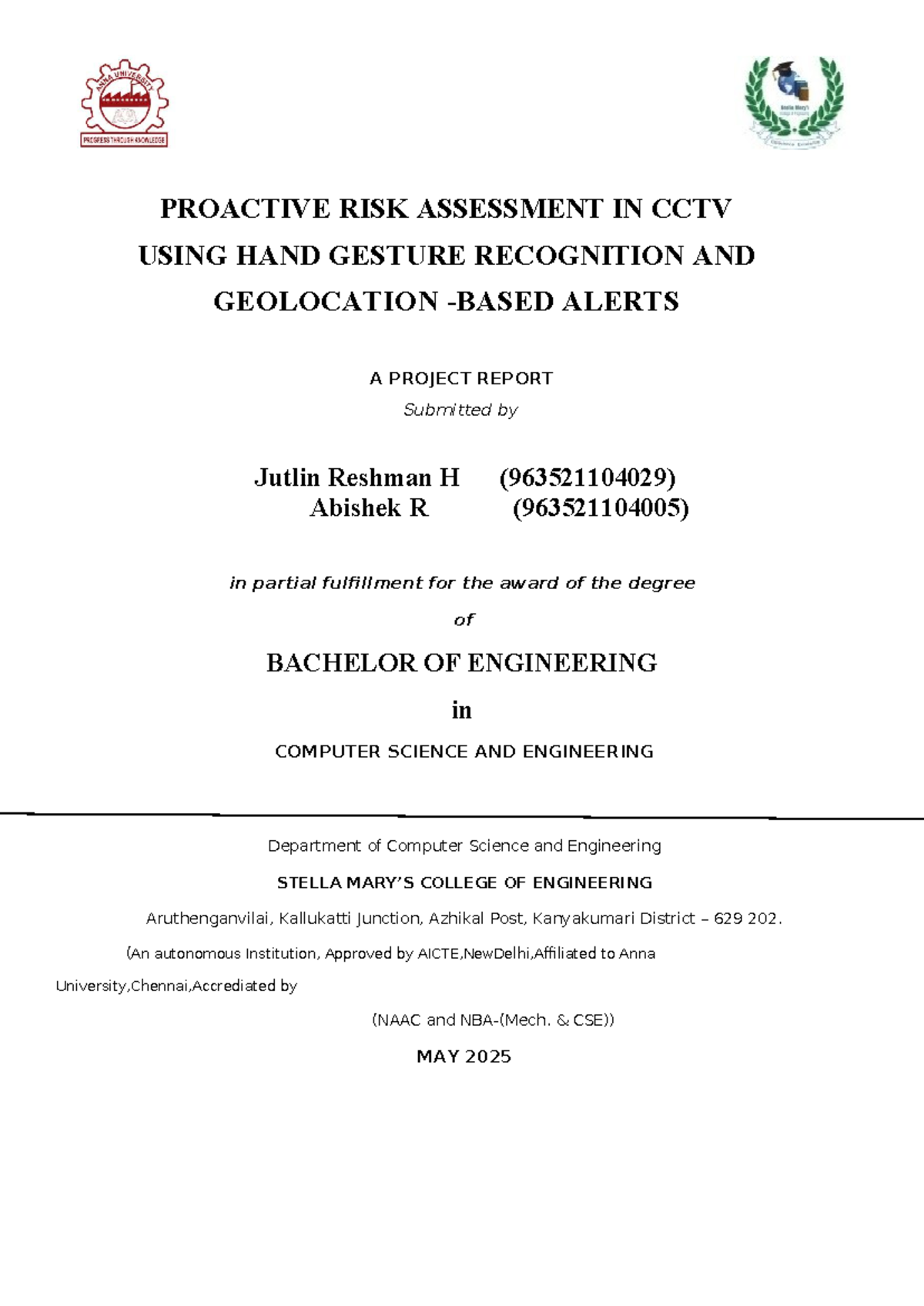 CSE Project Report: Proactive Risk Assessment in CCTV Using Gesture ...