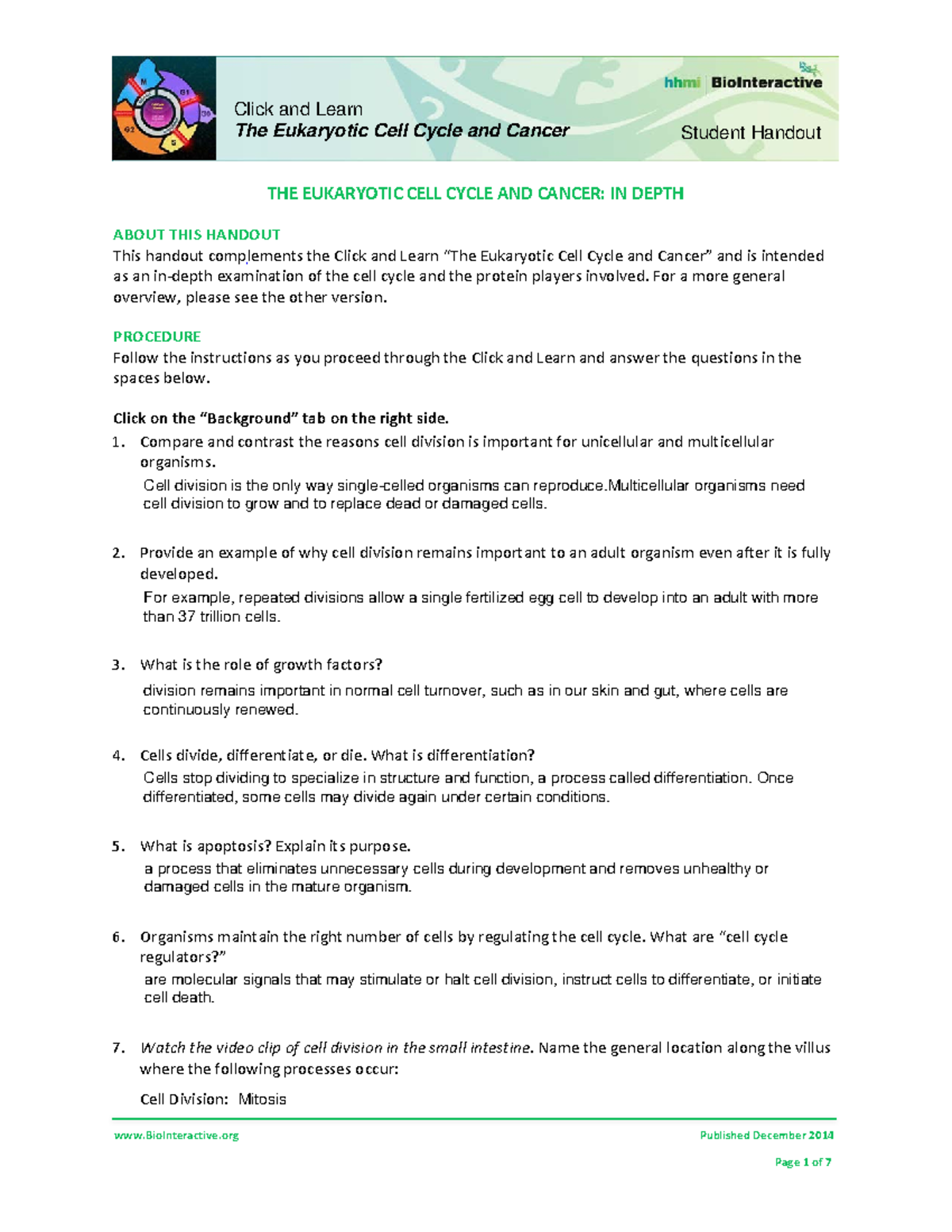 EUKAR 101: Student Handout on Cell Cycle & Cancer Concepts - Studocu
