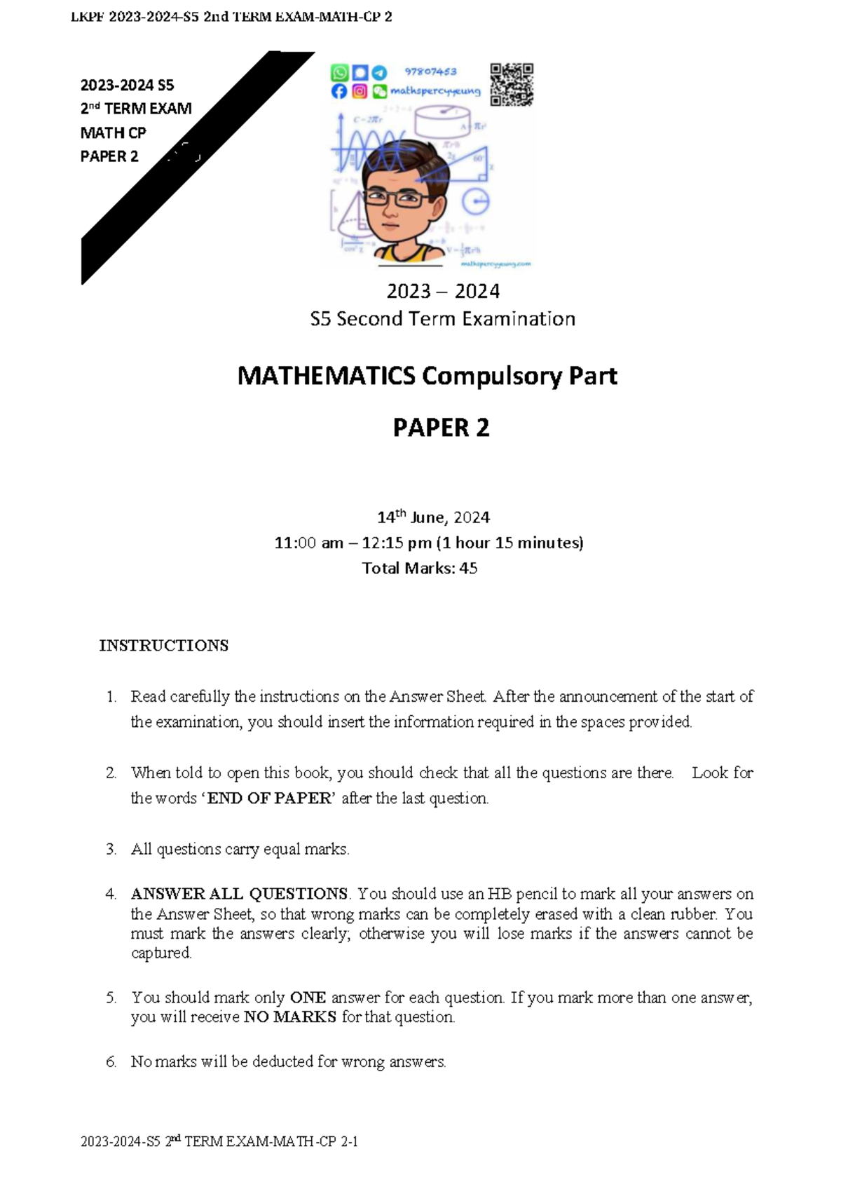 LKPF S5 2nd Term Exam Mathematics CP Paper 2 2023-2024 - Studocu