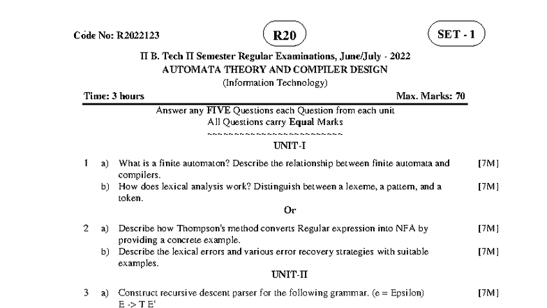 Automata Theory and Compiler Design - R20 II B. Tech Regular Exam 2022 - Studocu