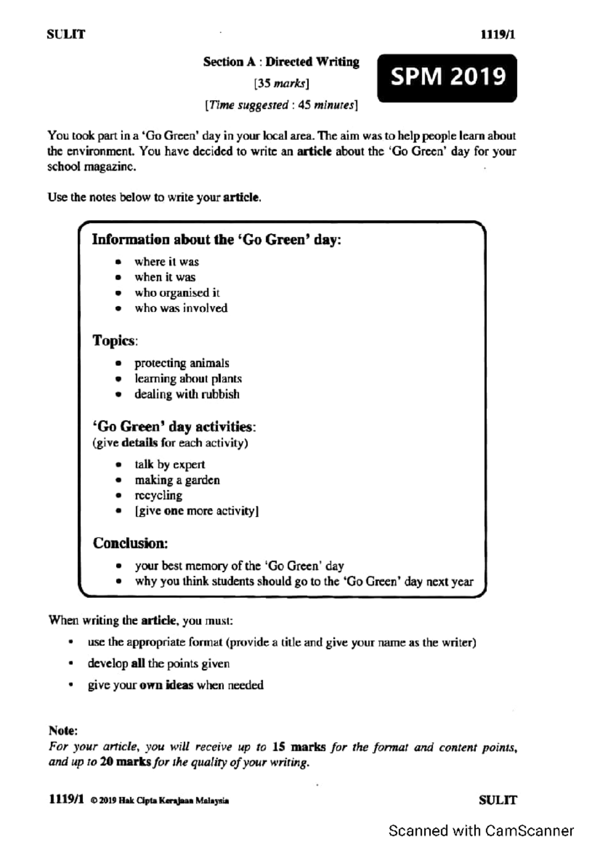 SPM 2019 English Paper 1 Directed Writing Article on Environmental Day ...