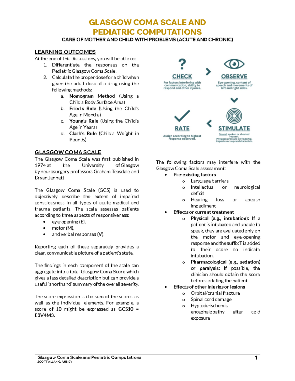 Glasgow Coma Scale and Pediatric Computations - GLASGOW COMA SCALE AND ...