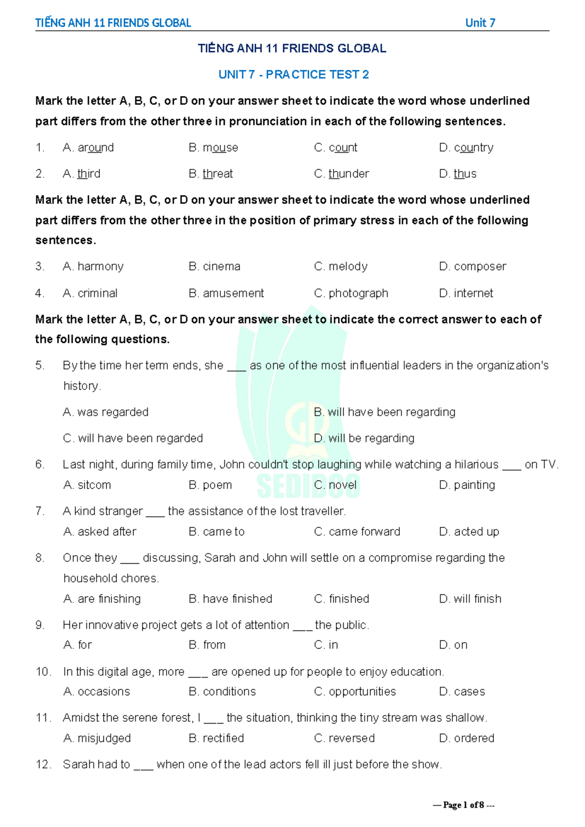 TIẾNG ANH 11 FRIENDS GLOBAL Unit 7 PRACTICE TEST 2 - Studocu