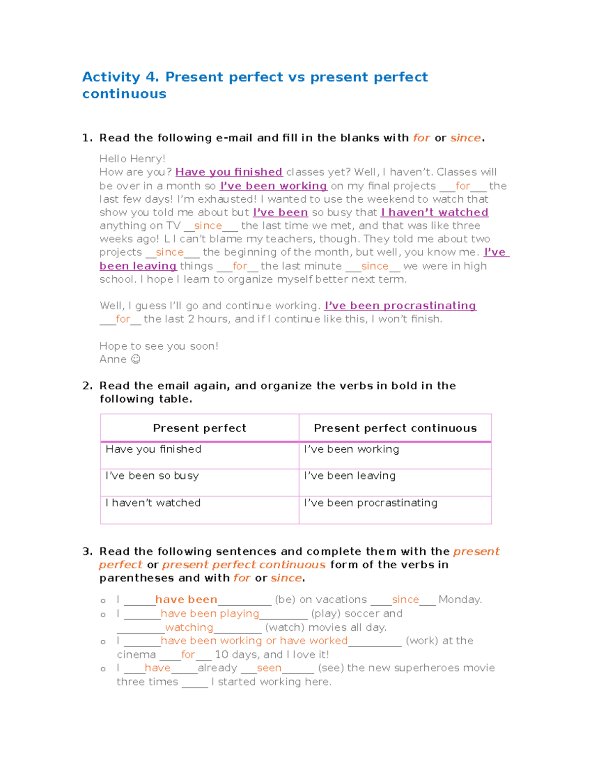 Activity 4: Present Perfect vs Present Perfect Continuous Exercises ...