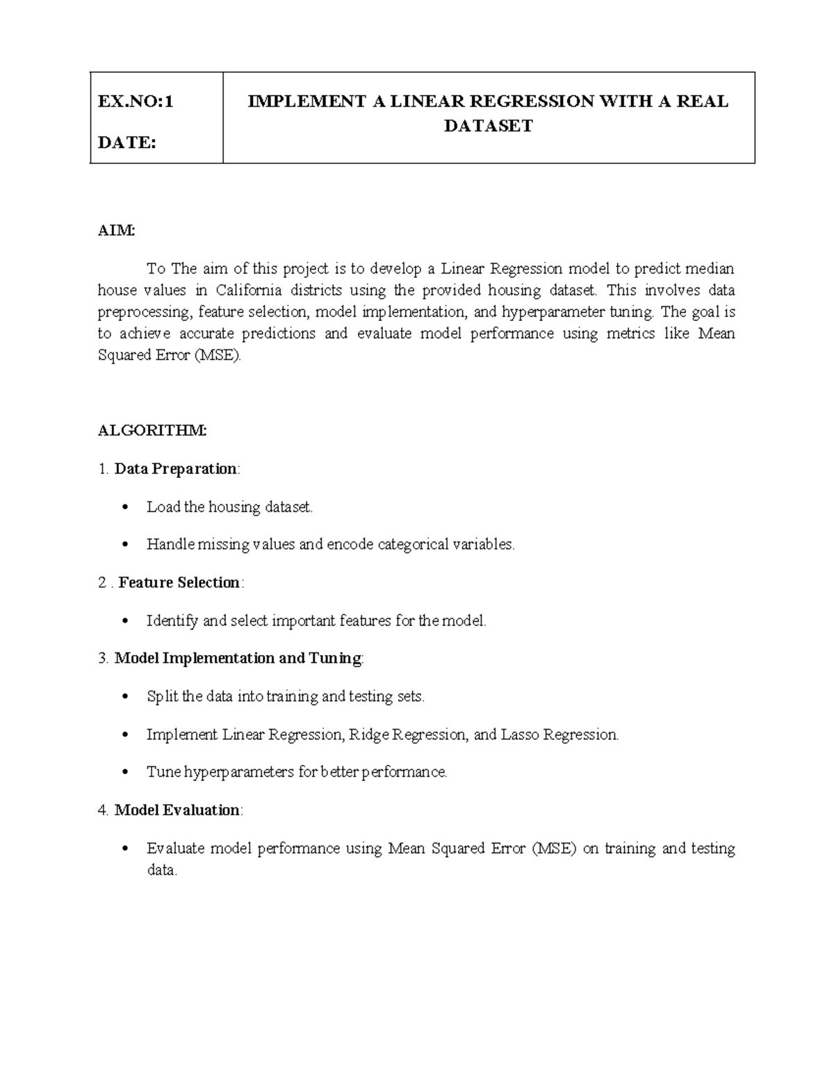 Cp4252 Ml Lab Exp 1 Linear Regression For California Housing Data