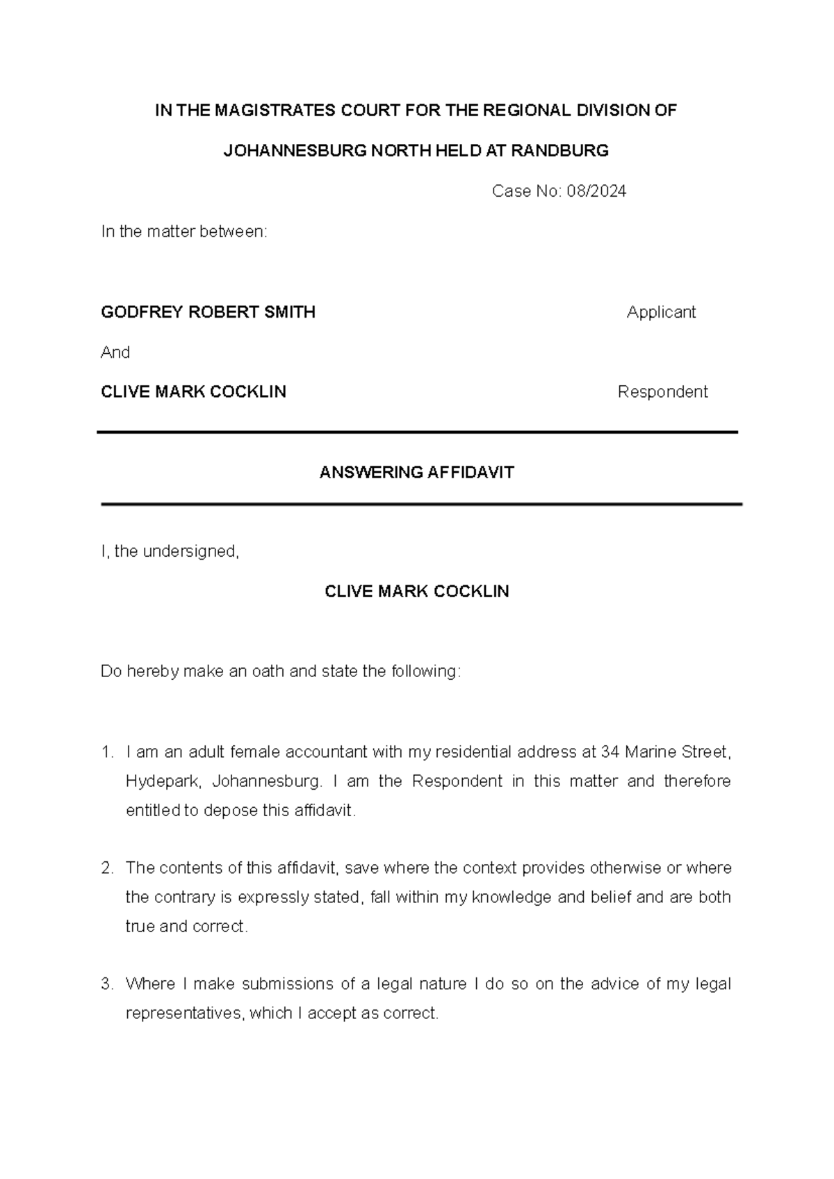 Answering Affidavit in Case No: Godfrey Robert Smith vs Clive Mark Cocklin - Studocu
