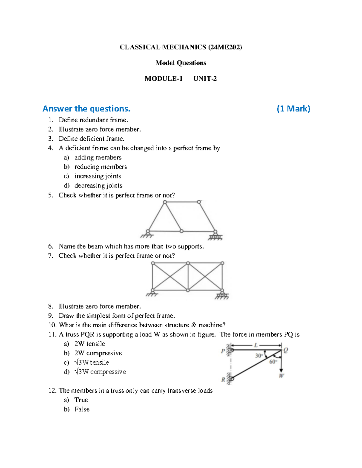 CM (24ME202) Model Questions on Classical Mechanics Concepts - Studocu